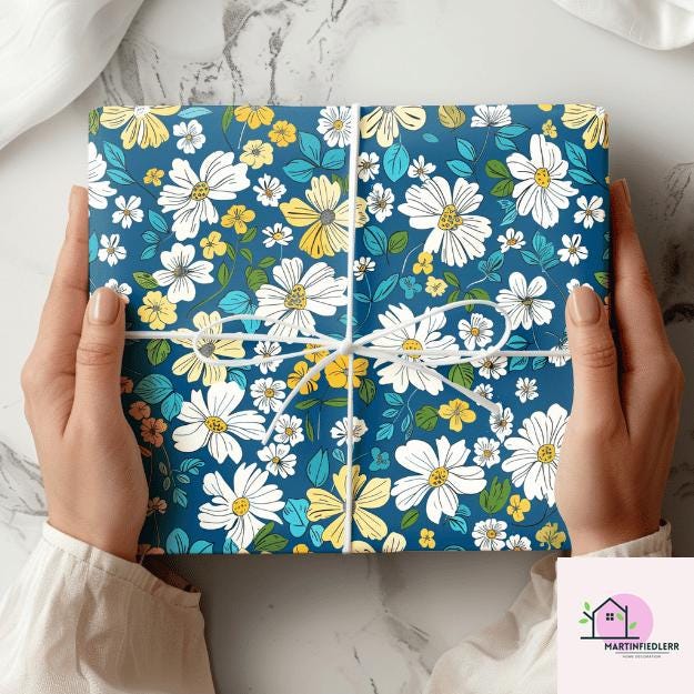 Midnight Daisy Wrapping Paper: Retro Floral Biodegradable Art Paper ...