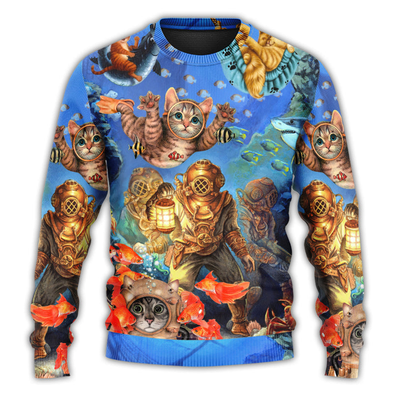 Diving Cat Under The Sea Art Style Ugly Christmas Sweater, Christmas G ...